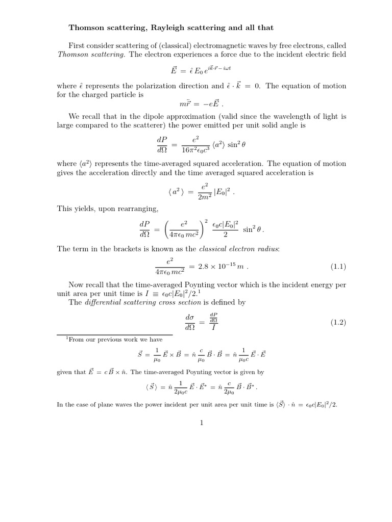 Thomson and Rayleigh Scatterings | PDF | Scattering | Cross Section ...
