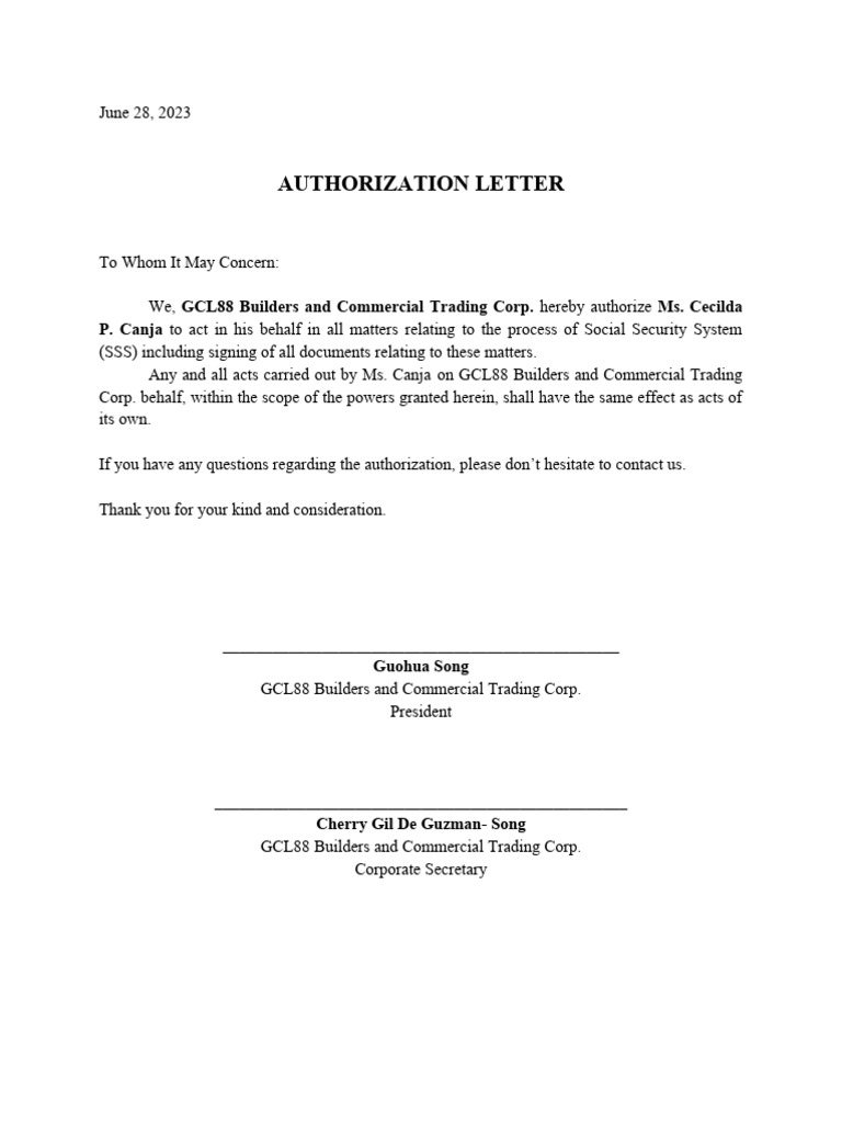 SSS Authorization Letter for Ms. Canja | PDF