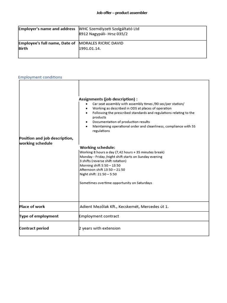 Job Offer: Product Assembler at Adient | PDF | Employment | Overtime