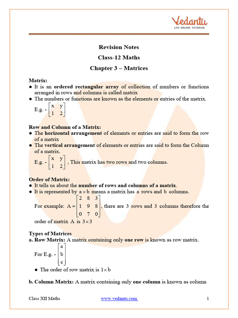 Class 12 Revision Notes Matrices | PDF | Matrix (Mathematics ...