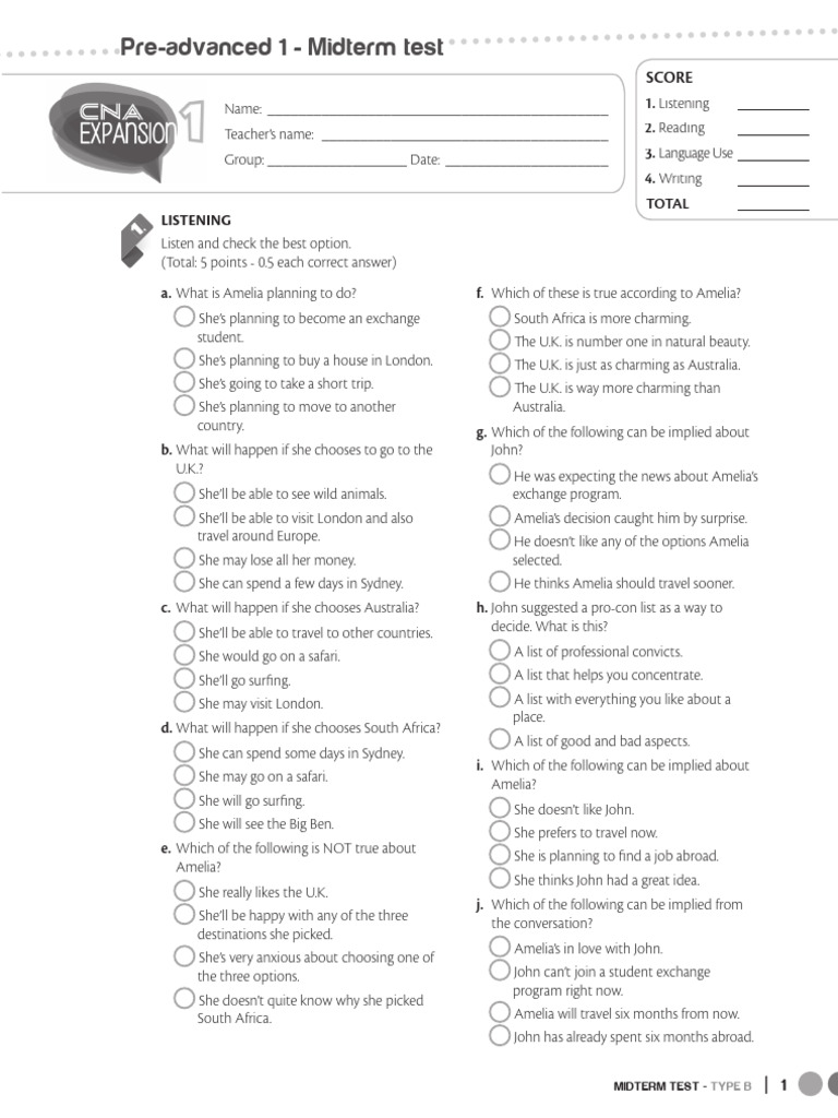Pre-Advanced 1 - Midterm Written Test - Tipo B | PDF | International ...
