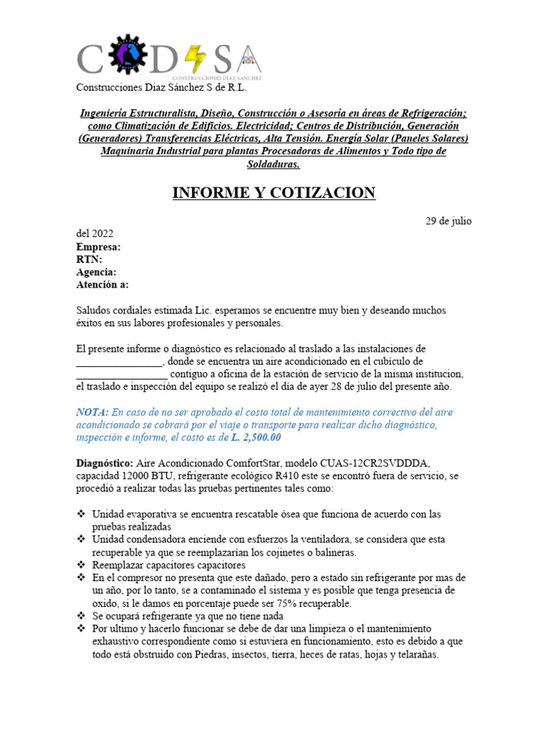 Formato para Redactar Un Informe | PDF | Aire acondicionado | Ciencias ...