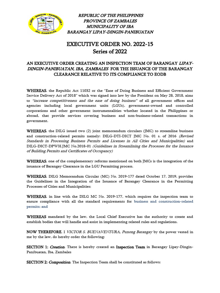 Barangay Inspection Team Executive Order | PDF | Governance | Justice