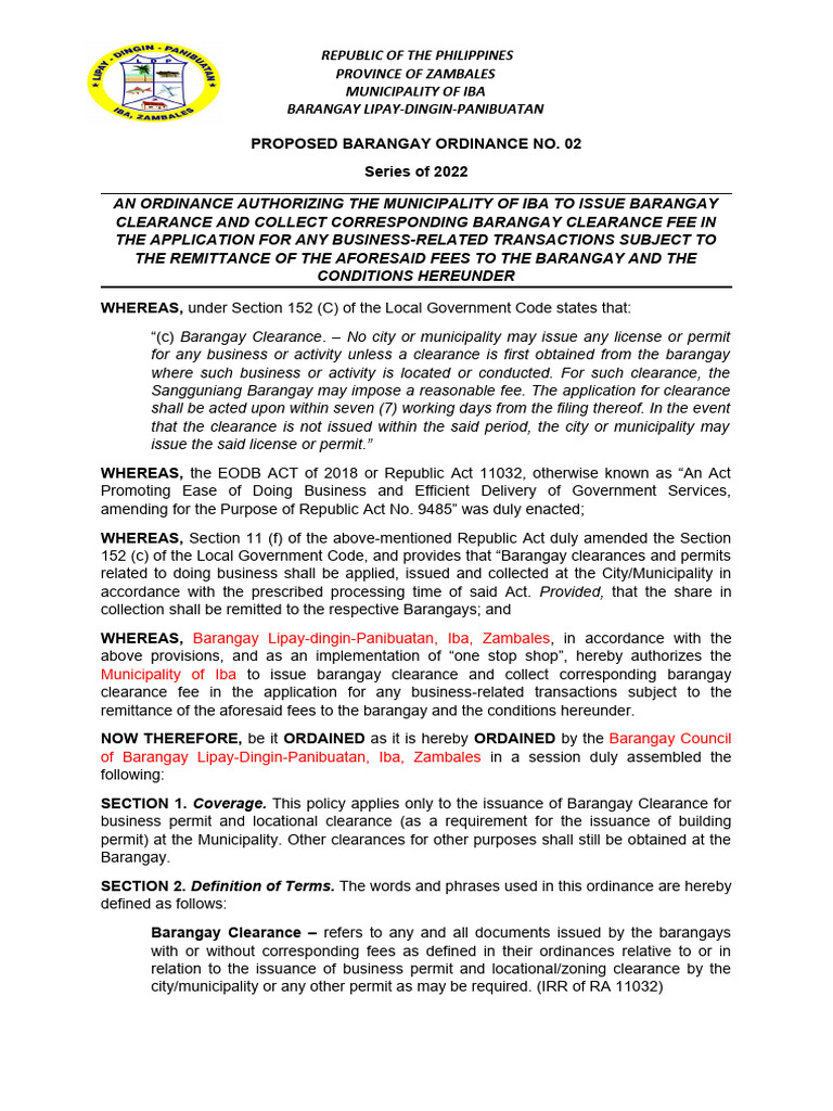Annex 3 - Barangay Ordinance Authorizing Municipality To Collect Brgy ...
