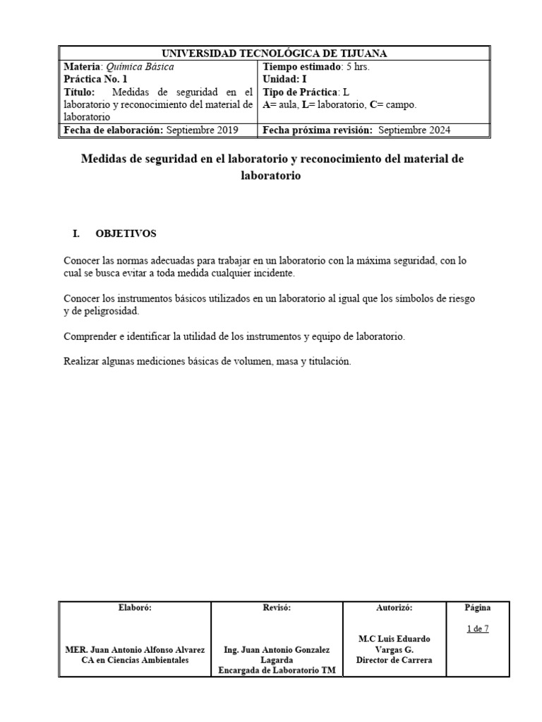 Practica 1 Medidas de Seguridad en El Laboratorio y Reconocimiento Del Material de Laboratorio ...