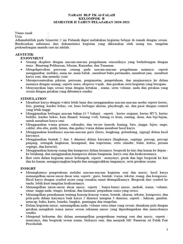 Contoh Narasi Rapot Domain Sekolah Al Falah - Semester 2 | PDF