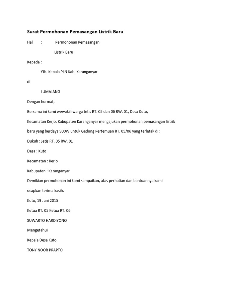 Surat Permohonan Pemasangan Listrik Baru | PDF
