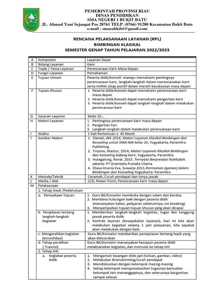 Rencana Pelaksanaan Bimbingan Karir SMA | PDF