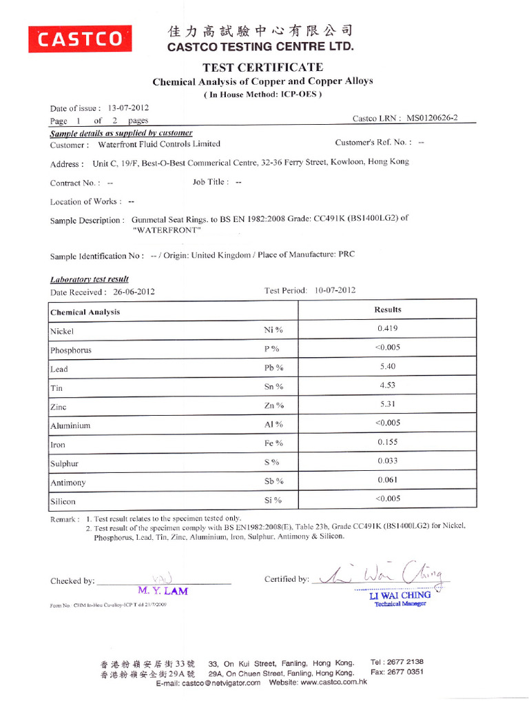 Submission of 691 2023-08-28 Test Report Material - Copper Alloy CC491K ...