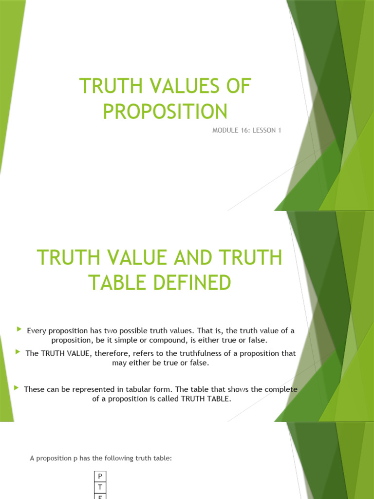 Truth Values of Proposition Gie | PDF | Truth | Mathematical Logic