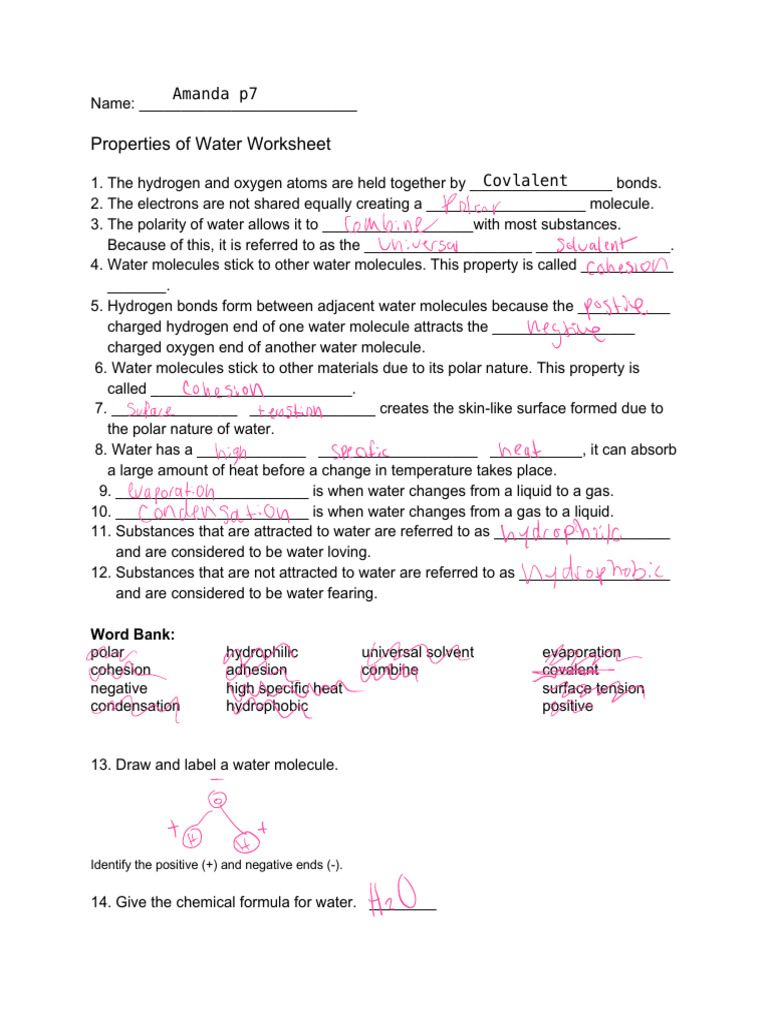 Properties of Water Worksheet | PDF | Properties Of Water | Chemical ...