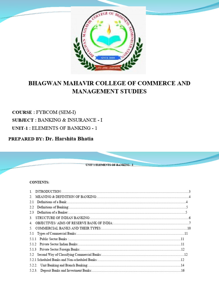 Unit 1 Elements of Banking 1 | PDF | Reserve Bank Of India | Banks