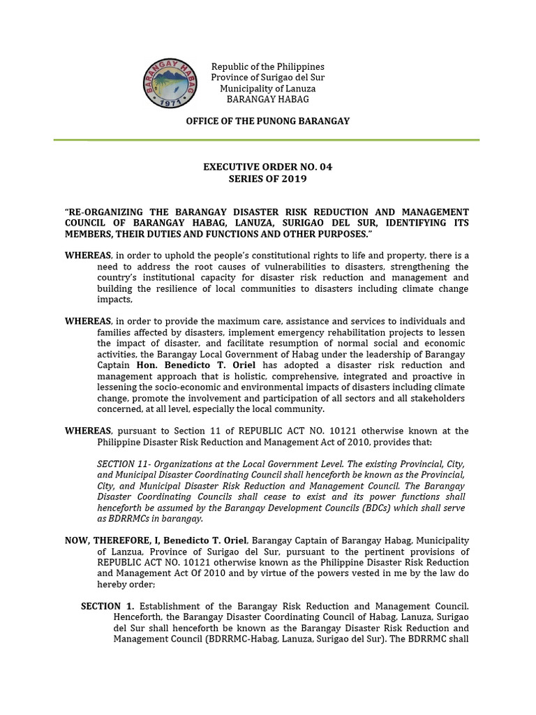 EO 04 Reorganizing BDRRMC Habag | PDF | Disaster Risk Reduction ...