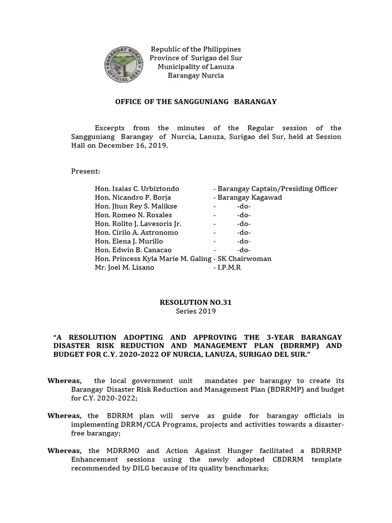 Resolution BDRRM Plan Nurcia | PDF | Government