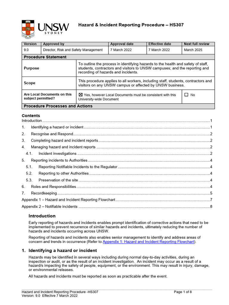 Hazard & Incident Reporting Procedure - HS307 | PDF | Occupational ...