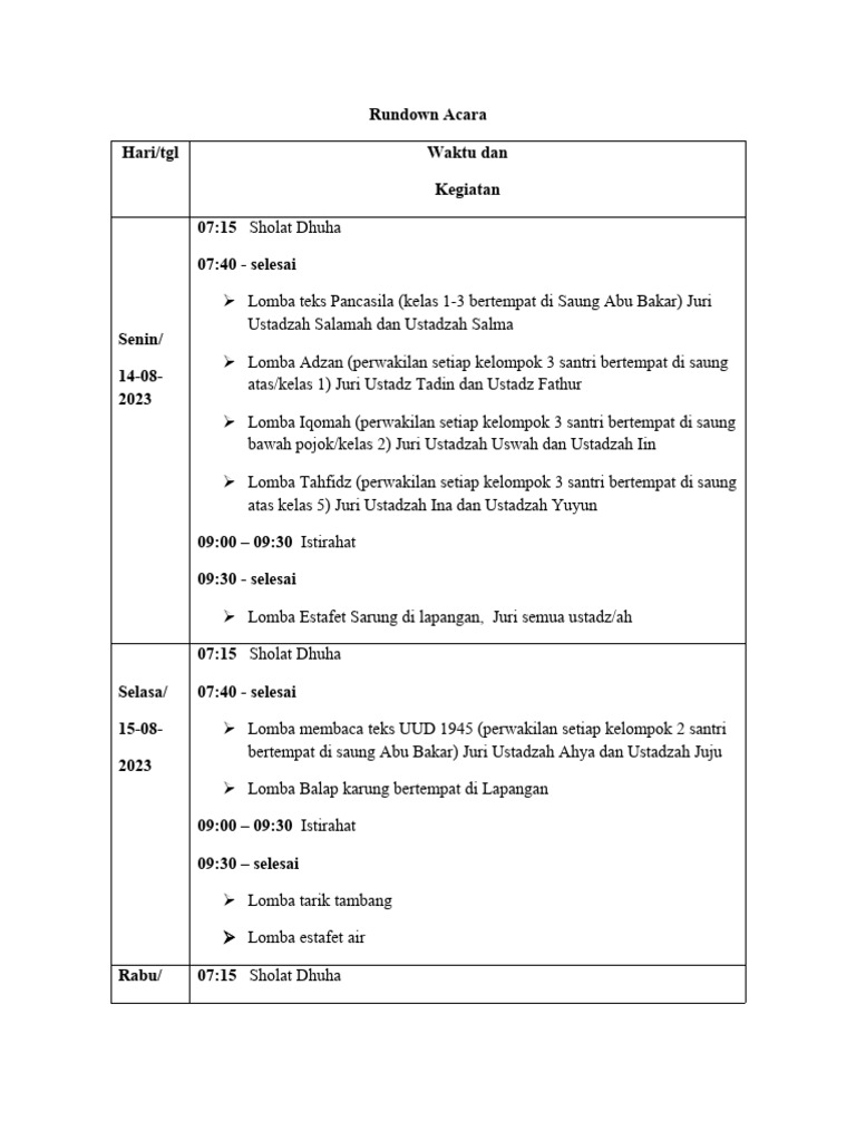 Rundown Acara HUT RI SQC | PDF