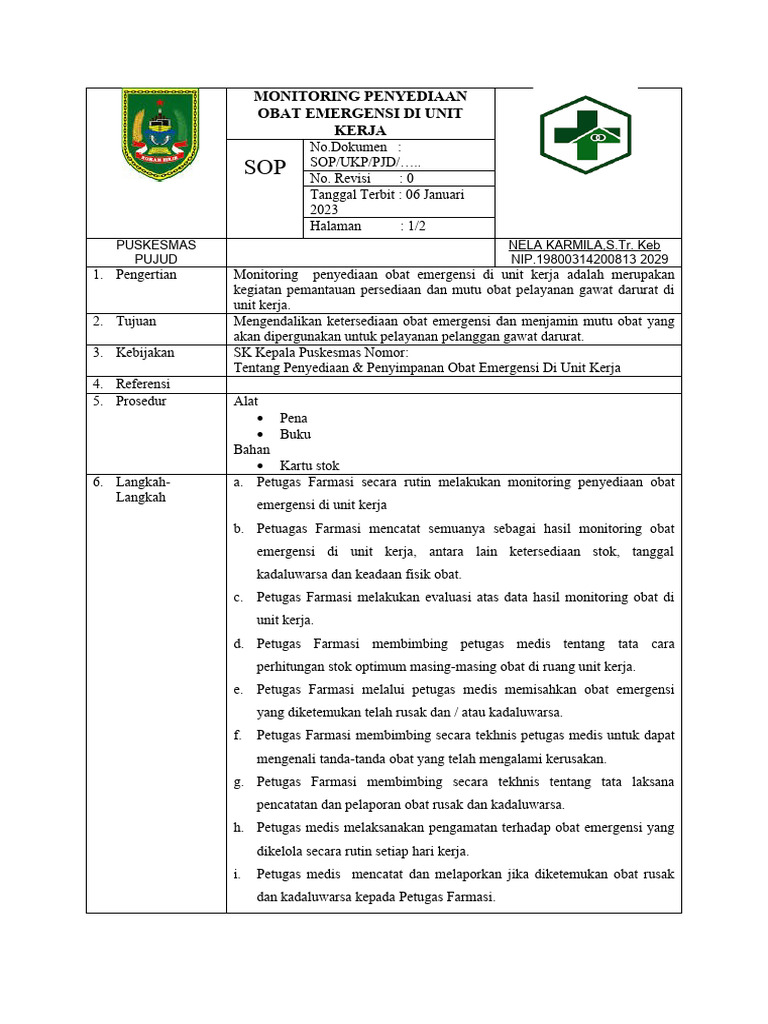 Sop Monitoring Penyediaan Obat Emergensi Di Unit Kerja | PDF