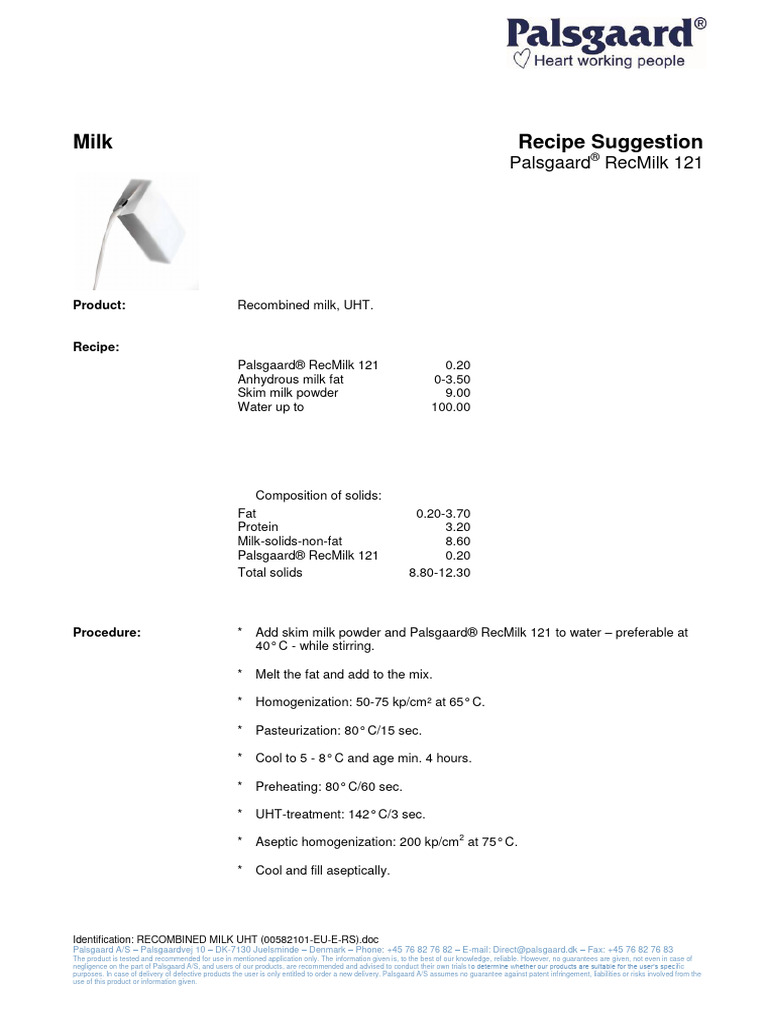 Recombined Milk UHT With Palsgaard® RecMilk 121 | PDF | Milk | Dairy ...