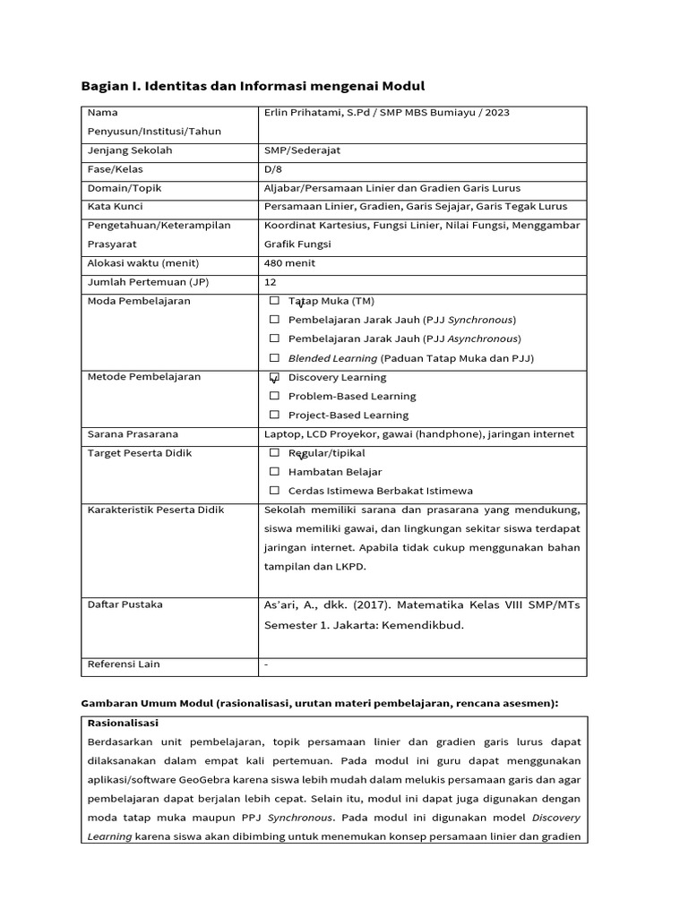 1 Modul Ajar MTK Kelas 8 (Aljabar) | PDF