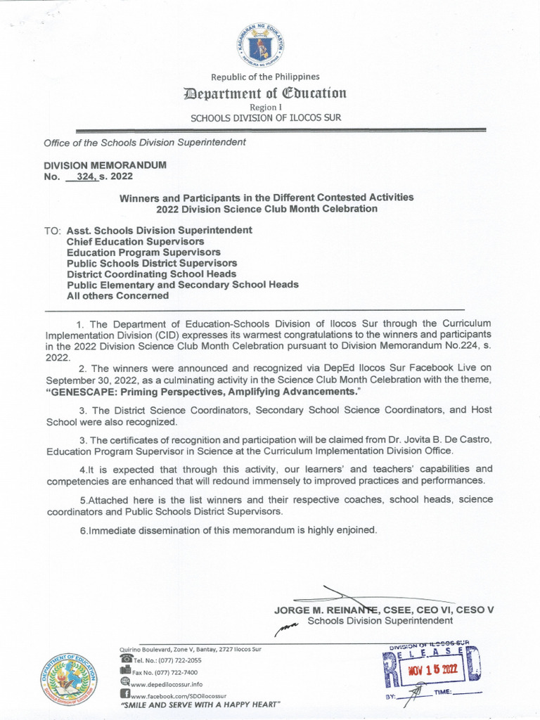 DM No. 324, S. 2022-Winners and Participants in The Different Contested ...