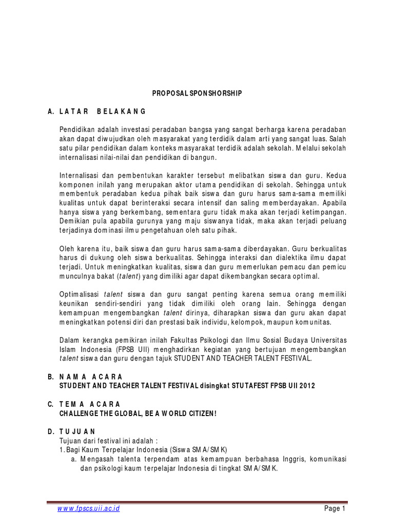 Proposal Stutafest FPSB Uii 2012 | PDF