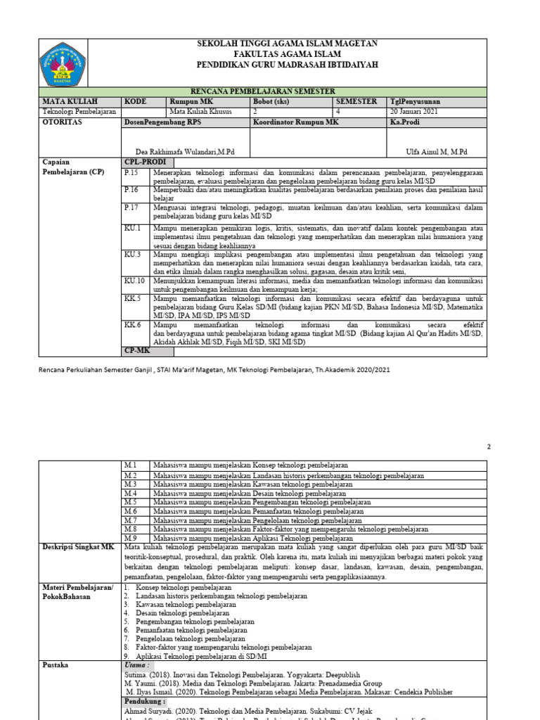 Rps Pgmi Teknologi Pembelajaran Dea Rakhimafa | PDF