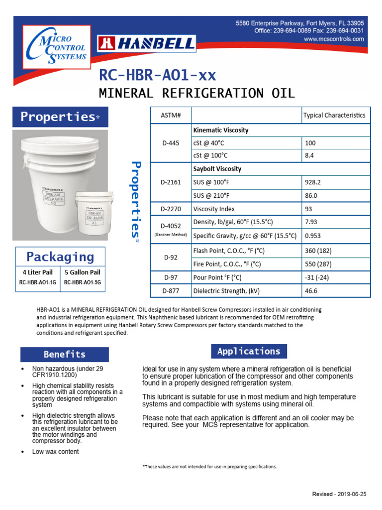 Hanbell Mineral Refrigeration Oil HBR-AO1 | PDF | Viscosity | Physical ...