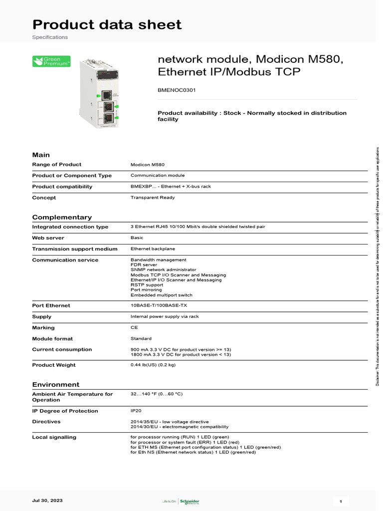 BMENOC0301 Modicon M580 Data Sheet | PDF | Ethernet | Computer Network