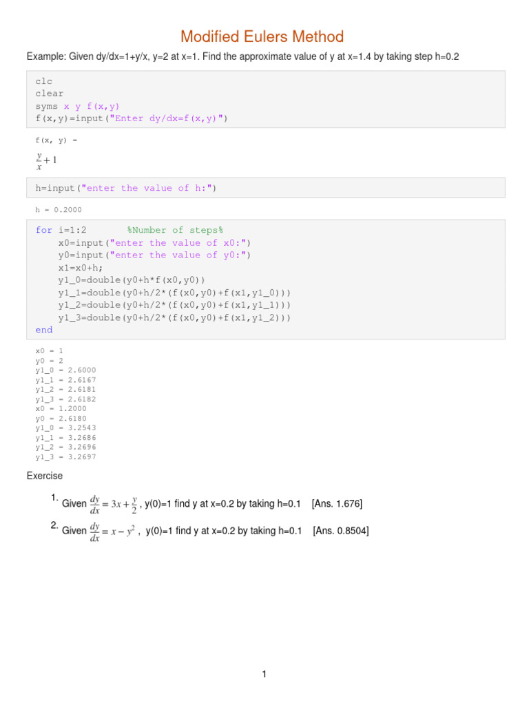 Modified Eulers Method Matlab Code | PDF Modified Eulers Method Matlab Code | PDF