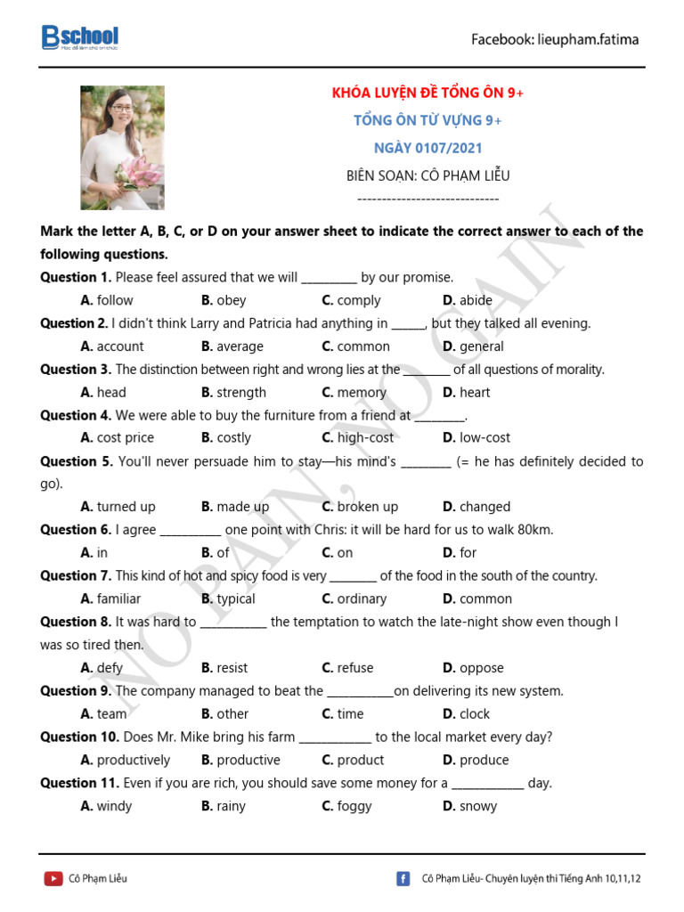 50 Câu Tổng Ôn Từ Vựng Khoa 9-Ngày 01072021-Cô Phạm Liễu | PDF