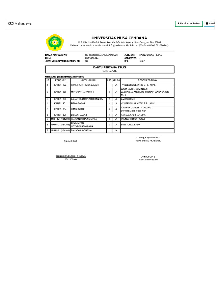 KRS Mahasiswa Semester 1 | PDF