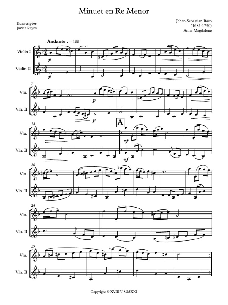 Minuet en Re Menor J.S.Bach Duo Violín - Partitura Completa | PDF