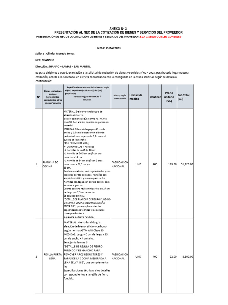 Anexo 03 SC 007-2023 Nec Shansho 2 | Descargar gratis PDF | Materiales ...