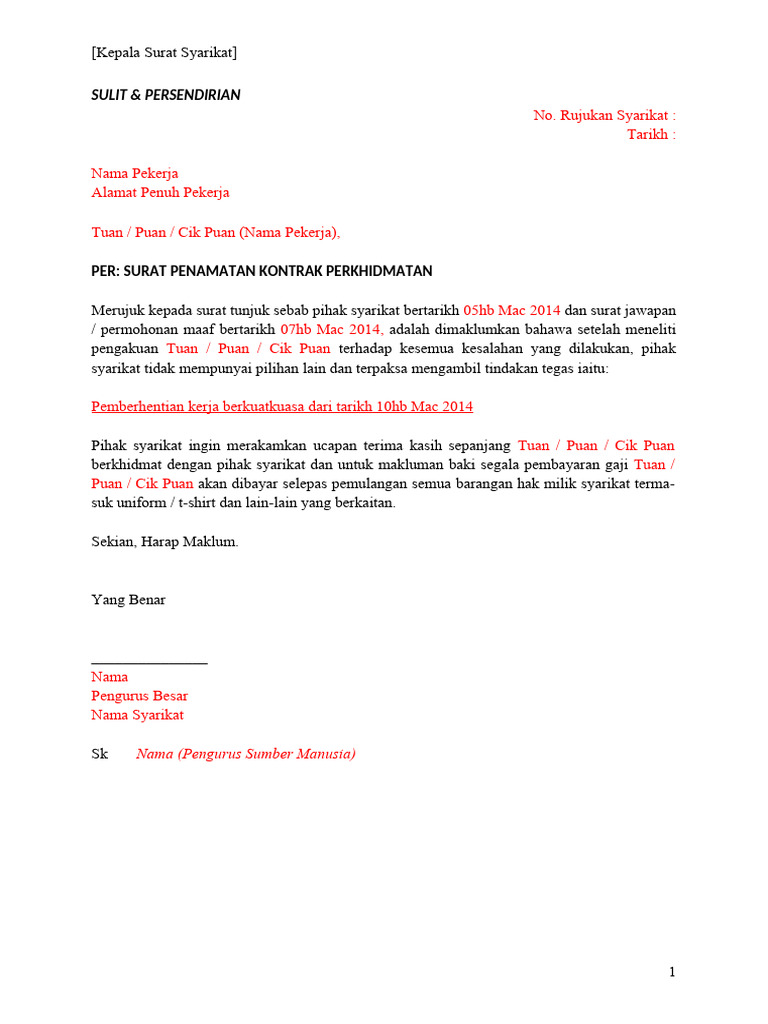 06 - Surat Penamatan Perkhidmatan | PDF