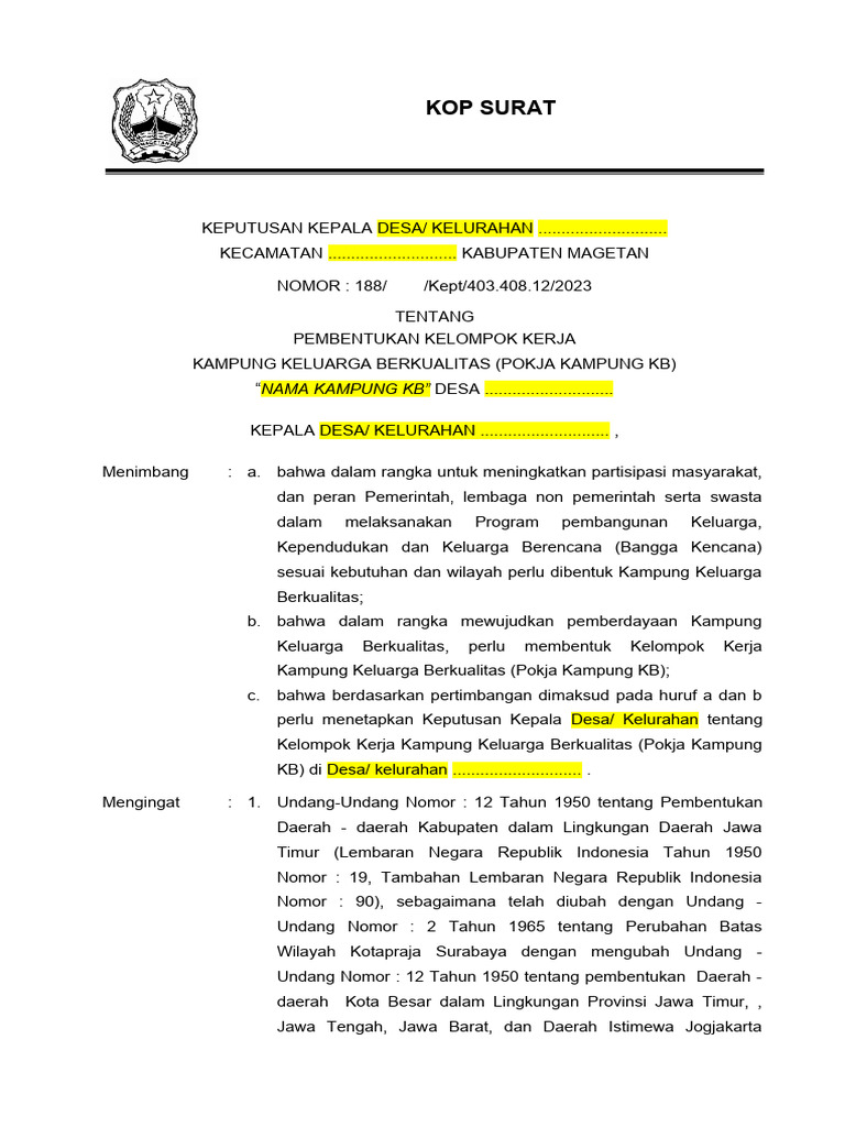 Draft SK Pokja Kampung KB Tk. Desa Kelurahan | PDF