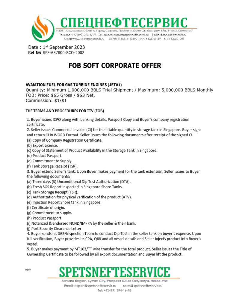 Aviation Fuel FOB Offer and Terms | PDF