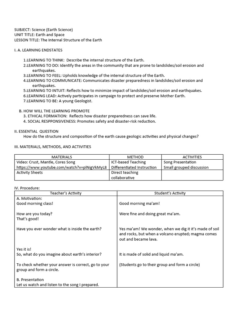 DETAILED LESSON PLAN - The Internal Structure of The Earth | PDF ...