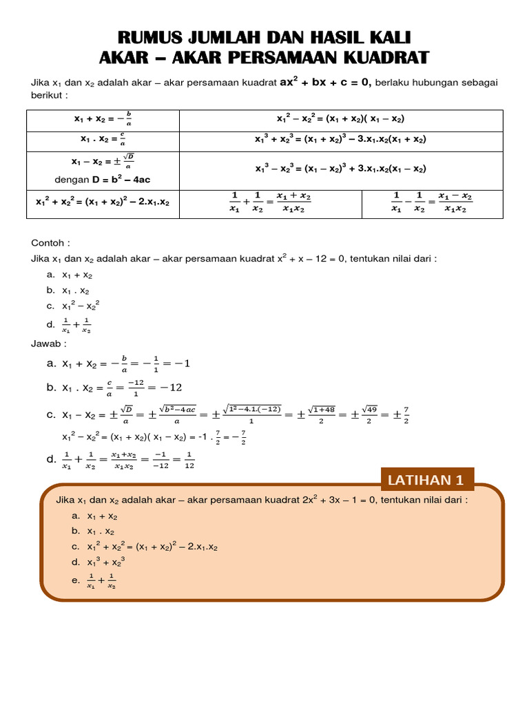 Rumus Jumlah Dan Hasil Kali Akar-Akar | PDF