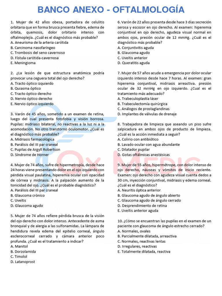 Oftalmología - Banco Anexo Sin Claves | Descargar gratis PDF | Ojo humano | Glaucoma