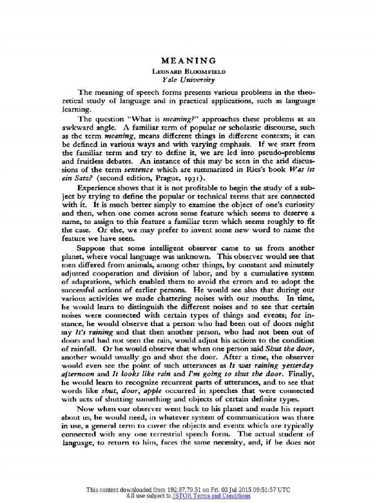 Bloomfield, L. Meaning | PDF | Verb | Noun