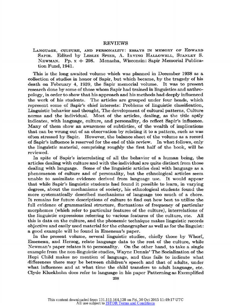 Harris, Z. Review of Language, Culture, and Personality. Essays in ...