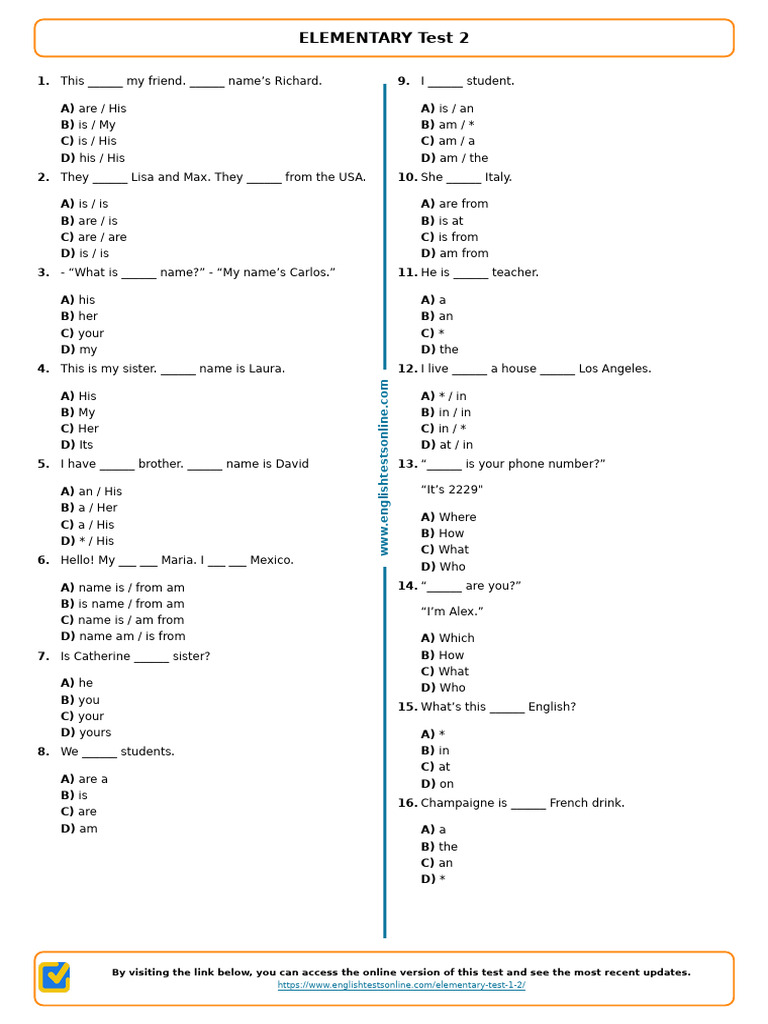 Elementary English Test 2 Answers | PDF | Smartphone | Mobile Phones