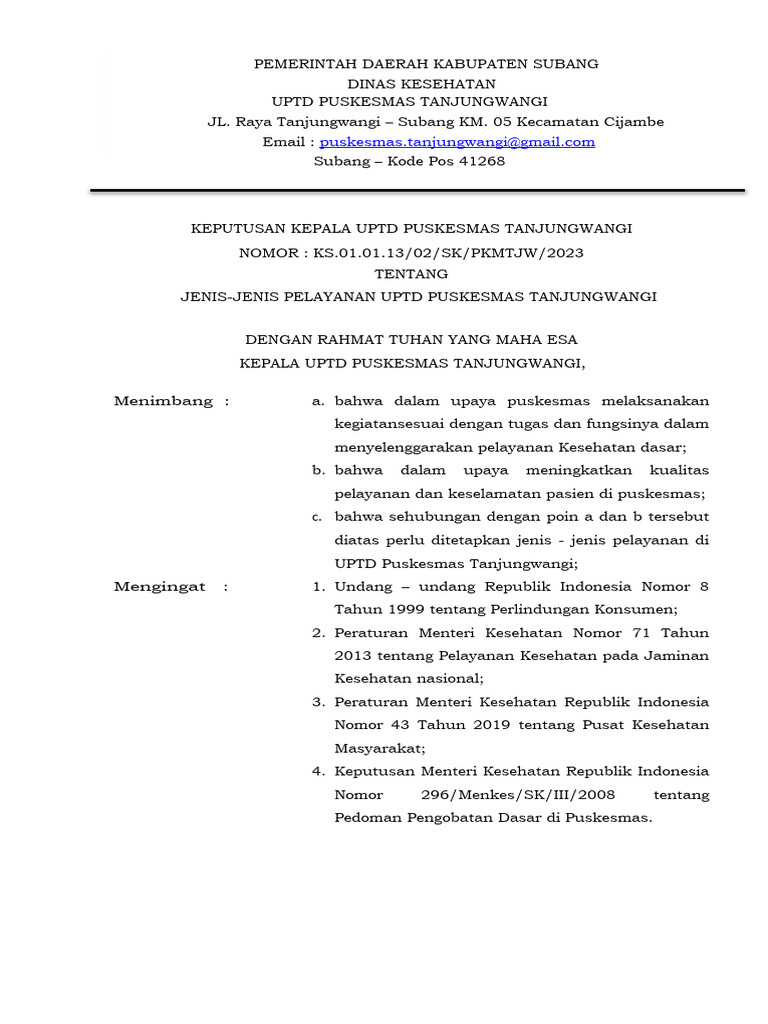 SK Penetapan Jenis-Jenis Pelayanan Puskesmas | PDF