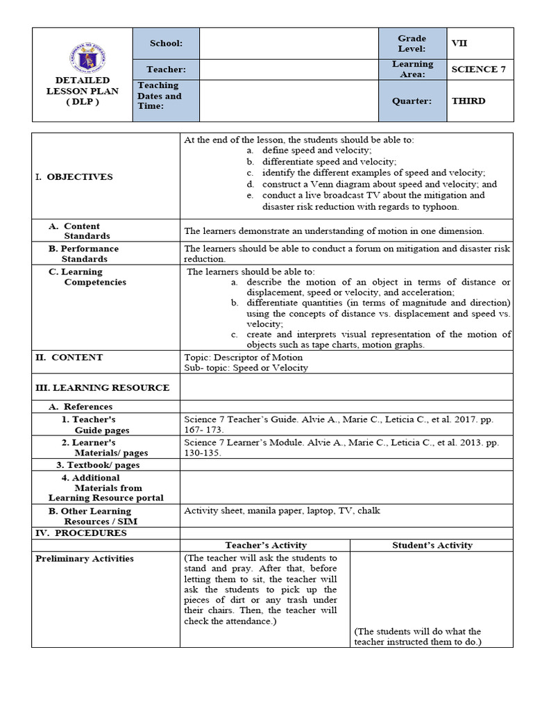 DLL - Science 7 - Speed and Velocity | PDF | Velocity | Speed