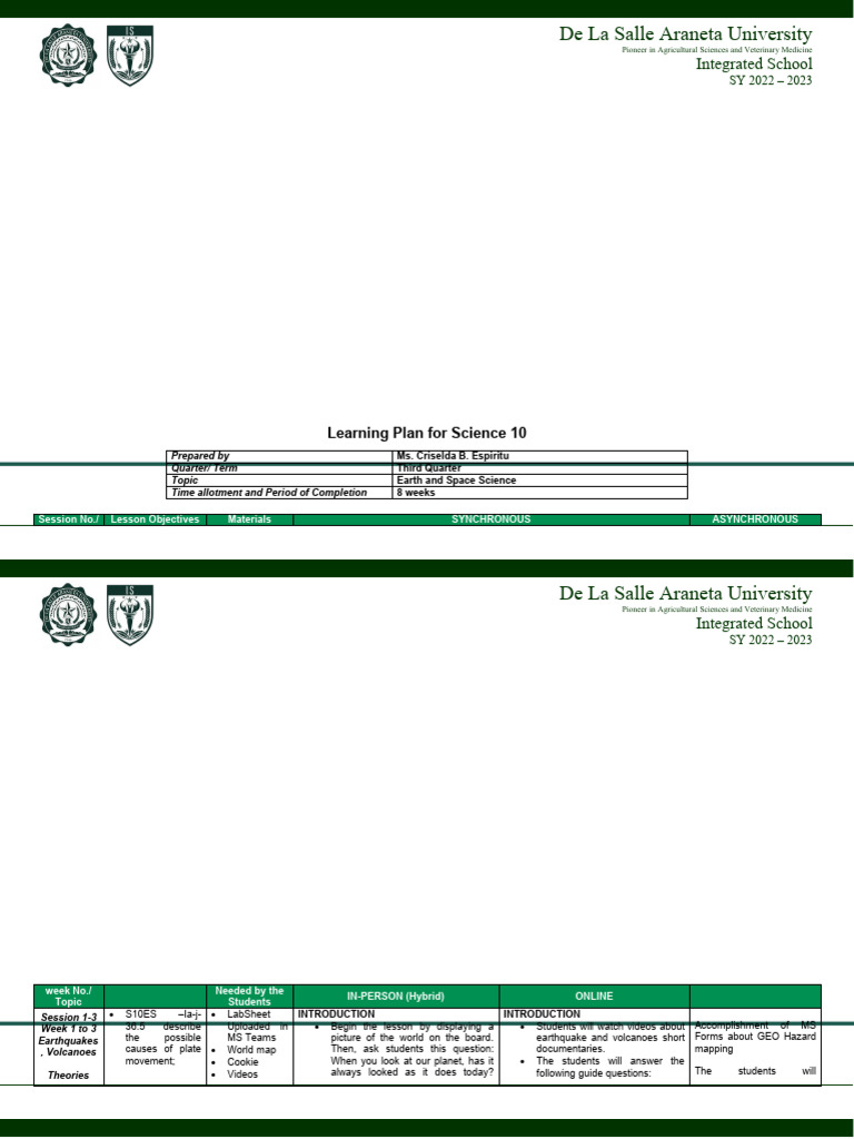 Q1 Science 10 Earth and Living Things Learning Plan | PDF | Plate ...