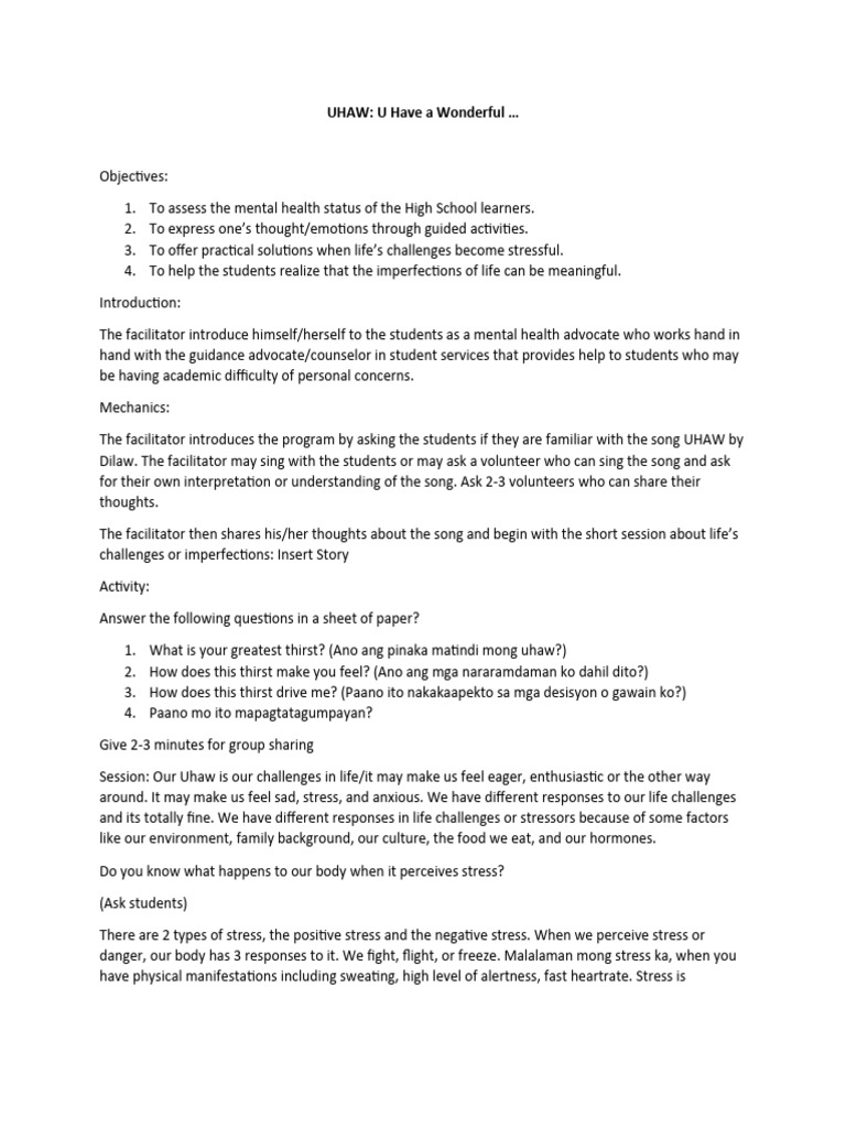 UHAW: Mental Health Activities for Students | PDF | Stress (Biology ...