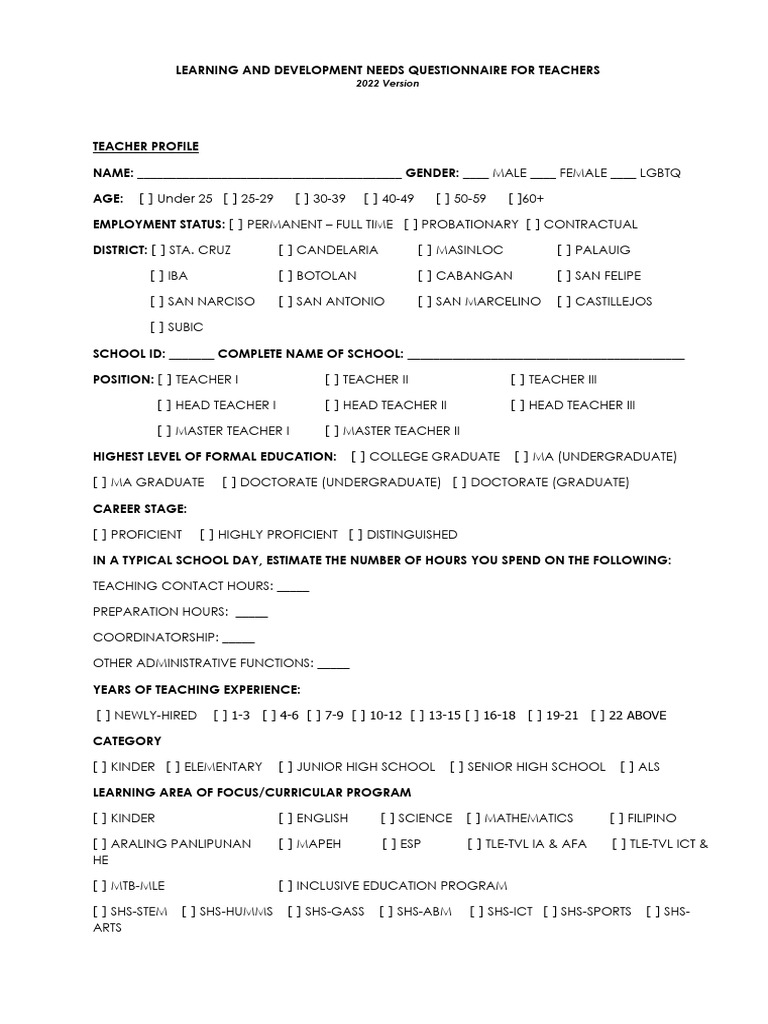 Learning and Development Needs Questionnaire For Teachers-2022 Version | PDF | Educational ...