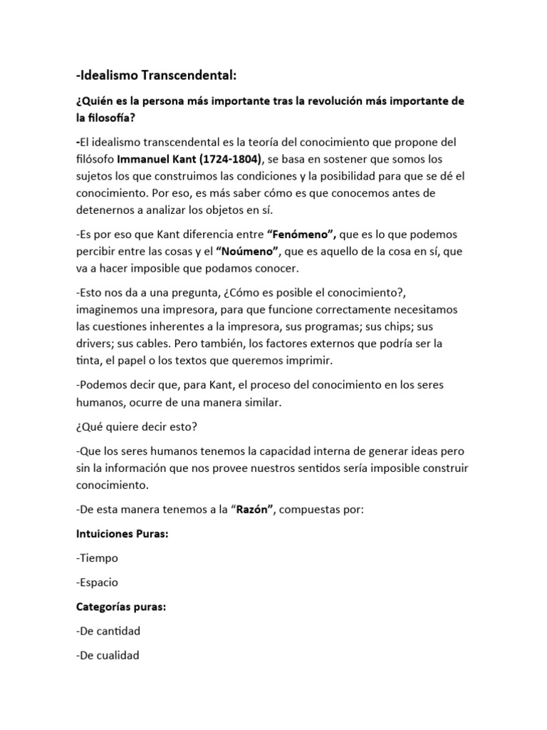 Filosofía Transcendental | PDF | Immanuel Kant | Conocimiento