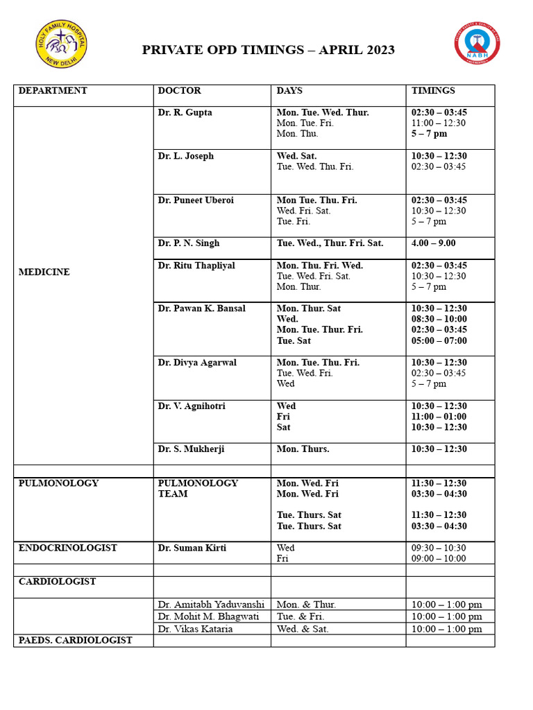 Private OPD Schedule | PDF | Surgical Specialties | Health Care