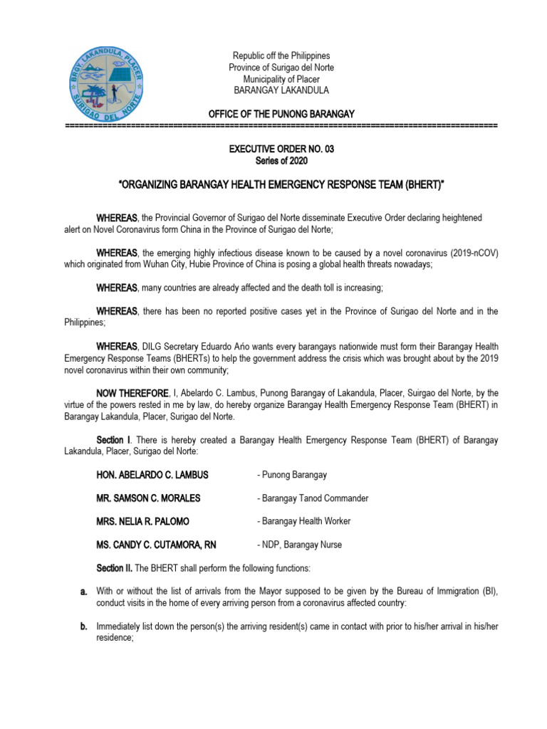 Bhert EO No. 3 | PDF | Epidemics | Health Disasters